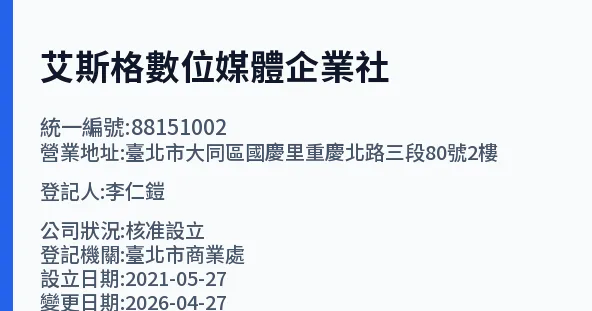 艾斯格數位媒體企業社的照片-統編 88151002(臺北市) 公司登記資料與營業項目詳細圖表