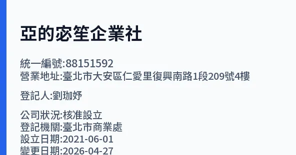 亞的宓笙企業社的照片-統編 88151592(臺北市) 公司登記資料與營業項目詳細圖表