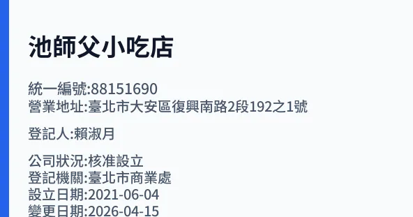 池師父小吃店的照片-統編 88151690(臺北市) 公司登記資料與營業項目詳細圖表