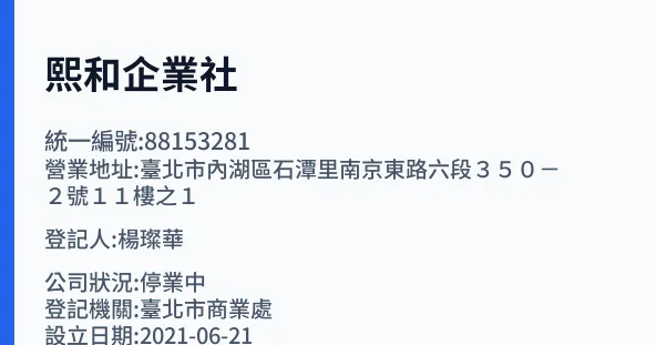 熙和企業社的照片-統編 88153281(臺北市) 公司登記資料與營業項目詳細圖表