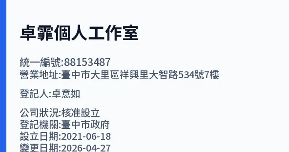 卓霏個人工作室的照片-統編 88153487(臺中市) 公司登記資料與營業項目詳細圖表