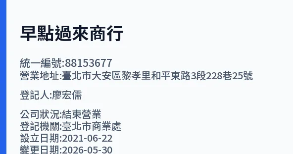 早點過來商行的照片-統編 88153677(臺北市) 公司登記資料與營業項目詳細圖表