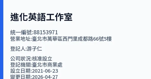 進化英語工作室的照片-統編 88153971(臺北市) 公司登記資料與營業項目詳細圖表