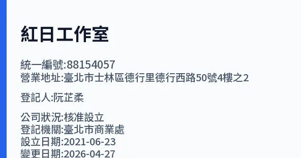 紅日工作室的照片-統編 88154057(臺北市) 公司登記資料與營業項目詳細圖表