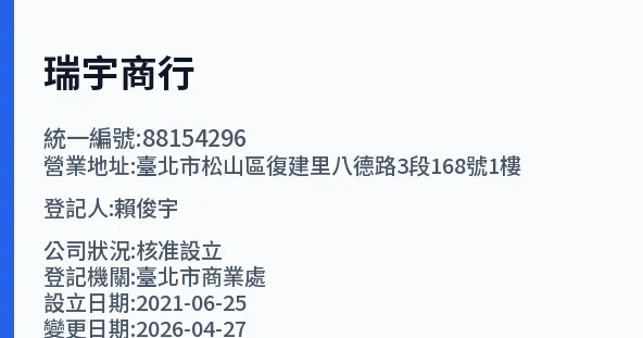 瑞宇商行的照片-統編 88154296(臺北市) 公司登記資料與營業項目詳細圖表