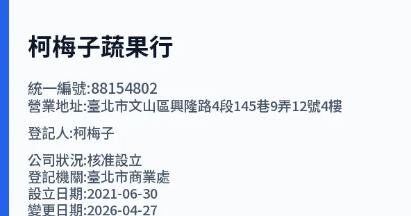 柯梅子蔬果行的照片-統編 88154802(臺北市) 公司登記資料與營業項目詳細圖表