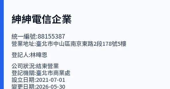 紳紳電信企業的照片-統編 88155387(臺北市) 公司登記資料與營業項目詳細圖表