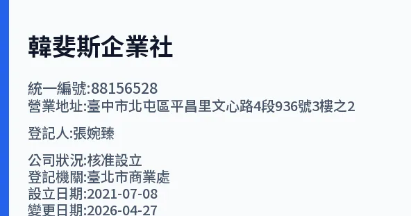 韓斐斯企業社的照片-統編 88156528(臺中市) 公司登記資料與營業項目詳細圖表
