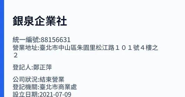 銀泉企業社的照片-統編 88156631(臺北市) 公司登記資料與營業項目詳細圖表