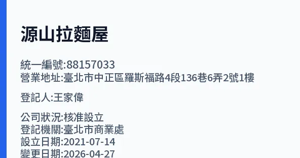 源山拉麵屋的照片-統編 88157033(臺北市) 公司登記資料與營業項目詳細圖表