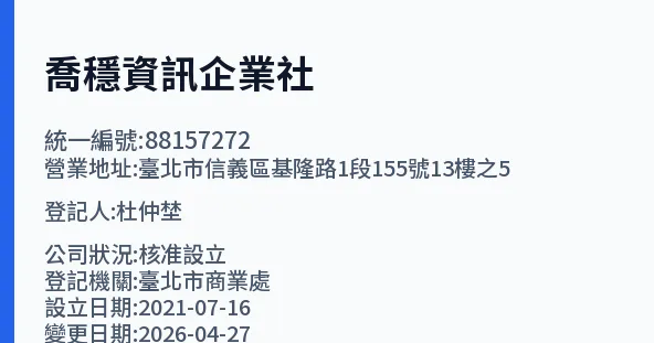 喬穩資訊企業社的照片-統編 88157272(臺北市) 公司登記資料與營業項目詳細圖表