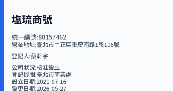 塩琉商號的照片-統編 88157462(臺北市) 公司登記資料與營業項目詳細圖表