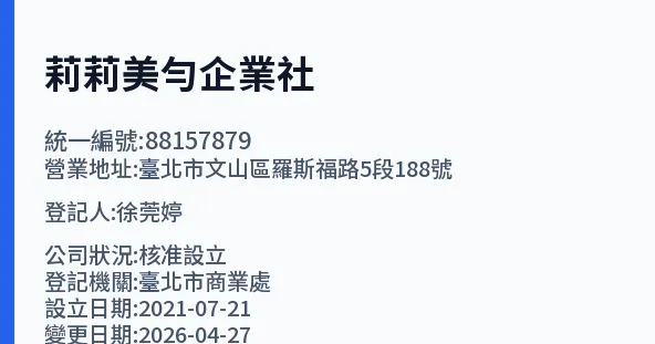 莉莉美勻企業社的照片-統編 88157879(臺北市) 公司登記資料與營業項目詳細圖表