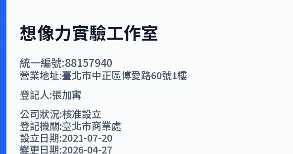 想像力實驗工作室的照片-統編 88157940(臺北市) 公司登記資料與營業項目詳細圖表