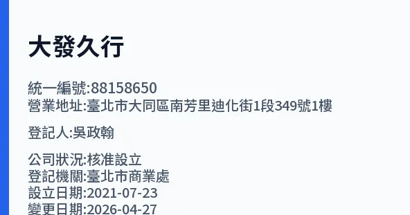 大發久行的照片-統編 88158650(臺北市) 公司登記資料與營業項目詳細圖表