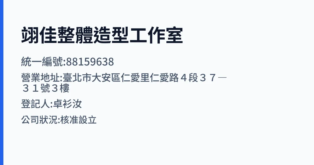 翊佳整體造型工作室 - 統編 88159638(臺北市) 公司登記資料與營業項目詳細圖表