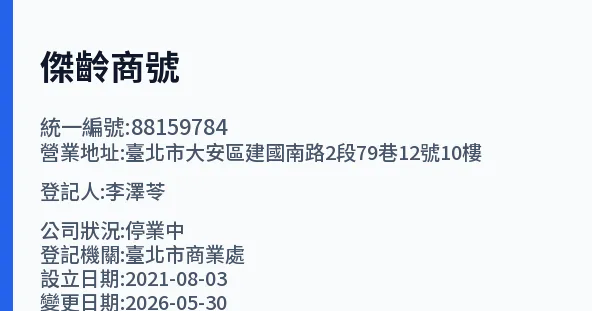 傑齡商號的照片-統編 88159784(臺北市) 公司登記資料與營業項目詳細圖表