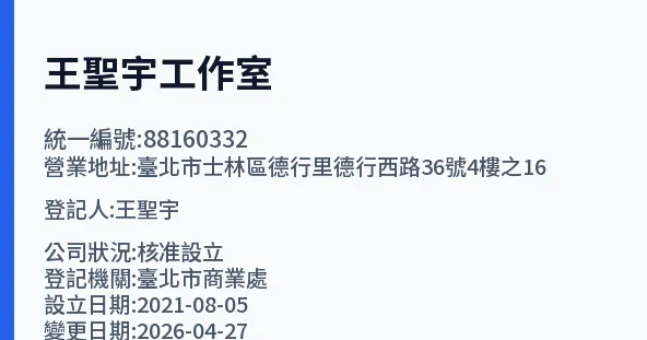 王聖宇工作室的照片-統編 88160332(臺北市) 公司登記資料與營業項目詳細圖表