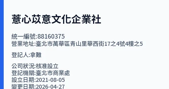 薏心苡意文化企業社的照片-統編 88160375(臺北市) 公司登記資料與營業項目詳細圖表