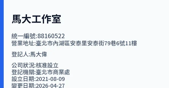 馬大工作室的照片-統編 88160522(臺北市) 公司登記資料與營業項目詳細圖表