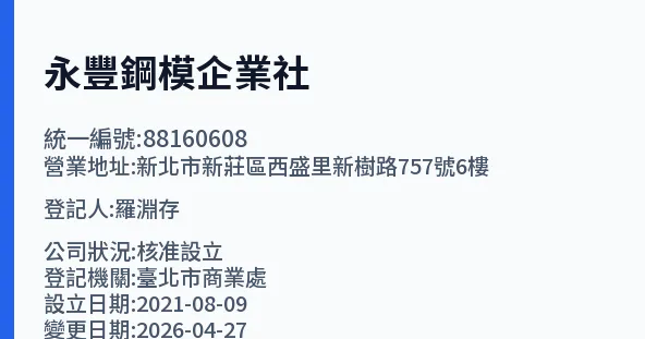永豐鋼模企業社的照片-統編 88160608(新北市) 公司登記資料與營業項目詳細圖表