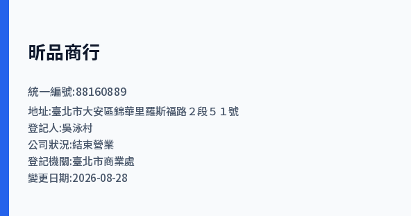 昕品商行的照片-統編 88160889(臺北市) 公司登記資料與營業項目詳細圖表