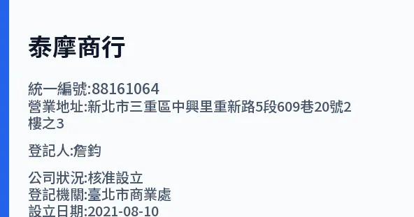泰摩商行的照片-統編 88161064(新北市) 公司登記資料與營業項目詳細圖表