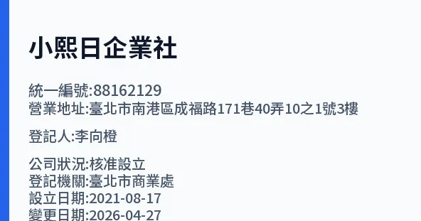 小熙日企業社的照片-統編 88162129(臺北市) 公司登記資料與營業項目詳細圖表