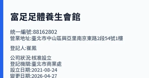 富足足體養生會館的照片-統編 88162802(臺北市) 公司登記資料與營業項目詳細圖表