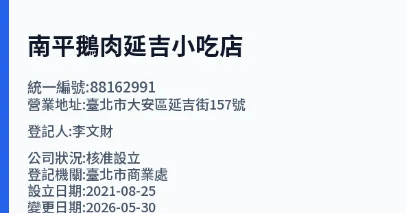 南平鵝肉延吉小吃店的照片-統編 88162991(臺北市) 公司登記資料與營業項目詳細圖表