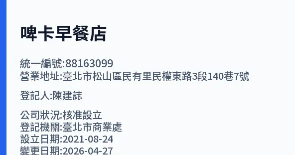 啤卡早餐店的照片-統編 88163099(臺北市) 公司登記資料與營業項目詳細圖表
