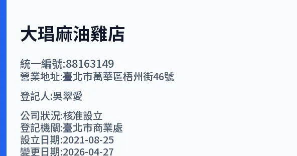 大琩麻油雞店的照片-統編 88163149(臺北市) 公司登記資料與營業項目詳細圖表