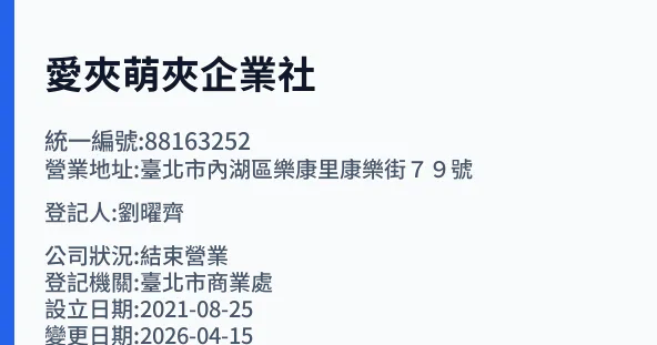 愛夾萌夾企業社的照片-統編 88163252(臺北市) 公司登記資料與營業項目詳細圖表