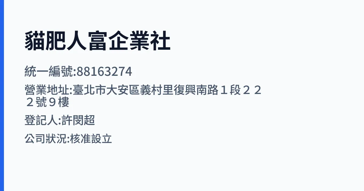 貓肥人富企業社 - 統編 88163274(臺北市) 公司登記資料與營業項目詳細圖表