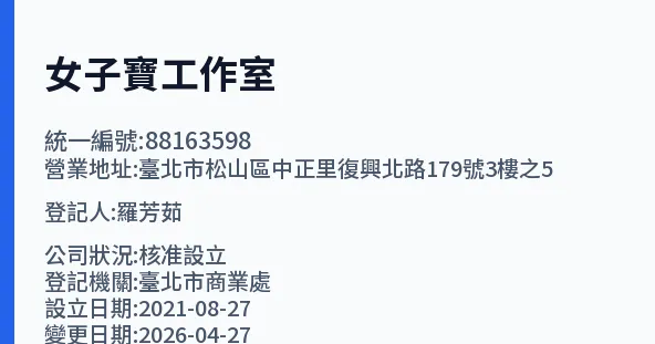 女子寶工作室的照片-統編 88163598(臺北市) 公司登記資料與營業項目詳細圖表