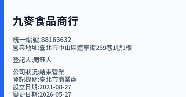 九麥食品商行的照片-統編 88163632(臺北市) 公司登記資料與營業項目詳細圖表