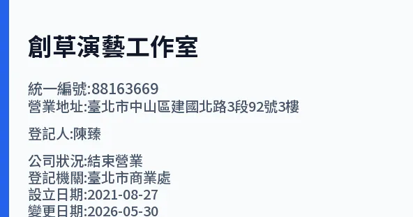 創草演藝工作室的照片-統編 88163669(臺北市) 公司登記資料與營業項目詳細圖表