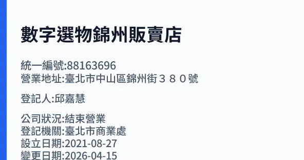 數字選物錦州販賣店的照片-統編 88163696(臺北市) 公司登記資料與營業項目詳細圖表