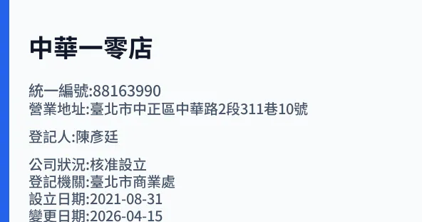 中華一零店的照片-統編 88163990(臺北市) 公司登記資料與營業項目詳細圖表