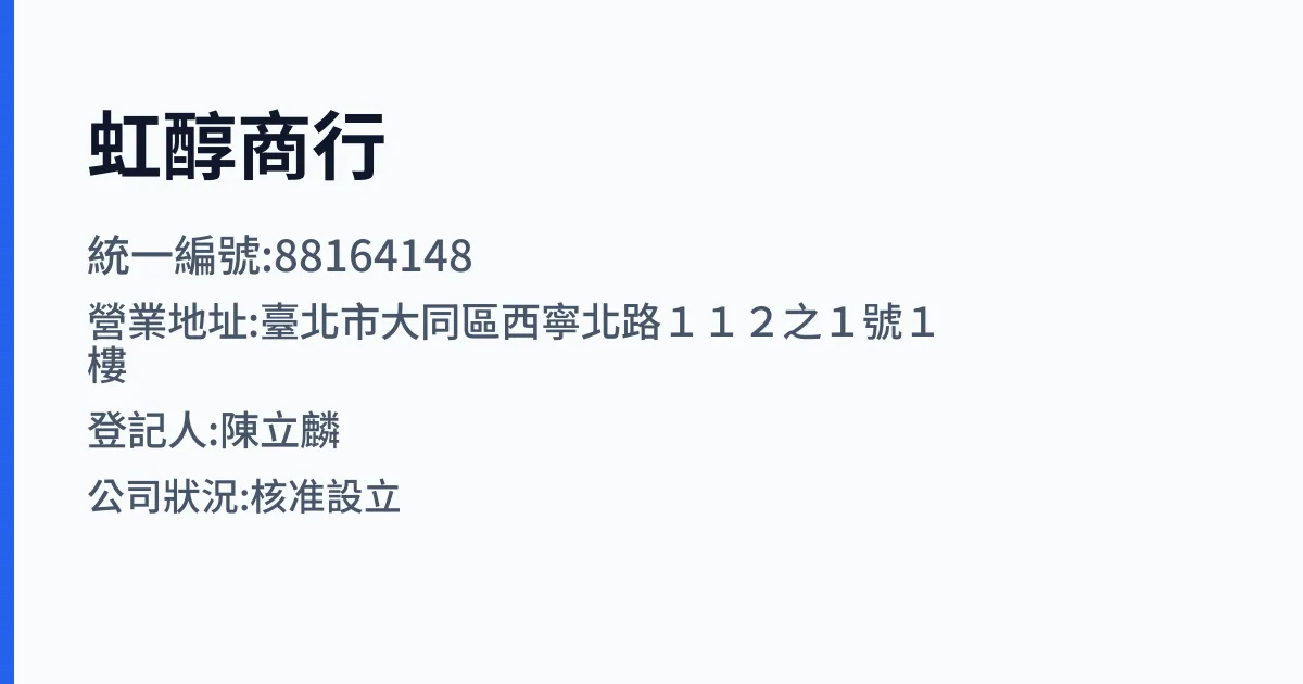 虹醇商行 - 統編 88164148(臺北市) 公司登記資料與營業項目詳細圖表