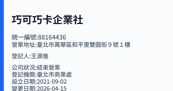 巧可巧卡企業社的照片-統編 88164436(臺北市) 公司登記資料與營業項目詳細圖表