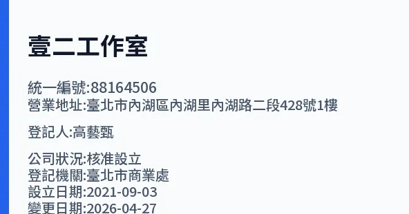 壹二工作室的照片-統編 88164506(臺北市) 公司登記資料與營業項目詳細圖表