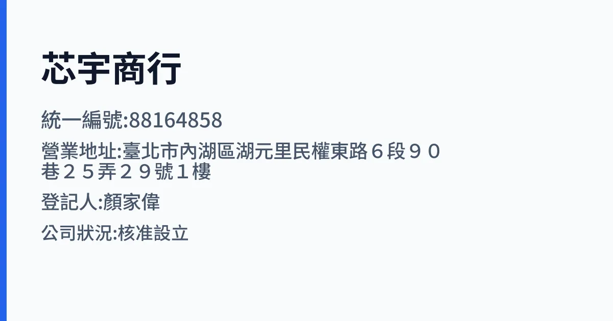 芯宇商行 - 統編 88164858(臺北市) 公司登記資料與營業項目詳細圖表