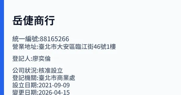 岳倢商行的照片-統編 88165266(臺北市) 公司登記資料與營業項目詳細圖表