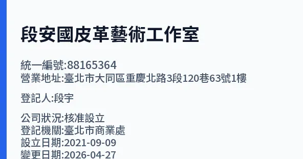 段安國皮革藝術工作室的照片-統編 88165364(臺北市) 公司登記資料與營業項目詳細圖表