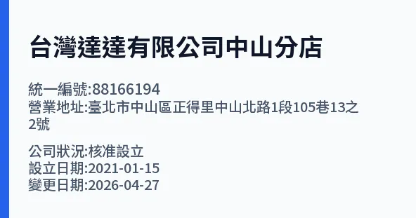 台灣達達有限公司中山分店的照片-統編 88166194(臺北市) 公司登記資料與營業項目詳細圖表