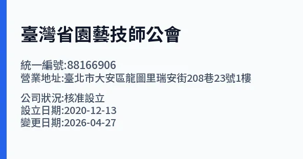 臺灣省園藝技師公會的照片-統編 88166906(臺北市) 公司登記資料與營業項目詳細圖表