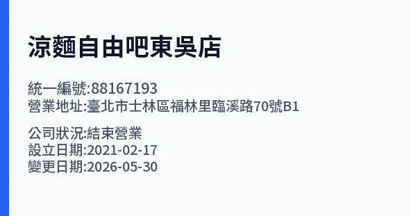 涼麵自由吧東吳店的照片-統編 88167193(臺北市) 公司登記資料與營業項目詳細圖表
