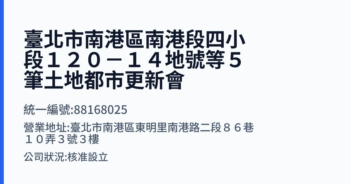 臺北市南港區南港段四小段１２０－１４地號等５筆土地都市更新會 - 統編 88168025(臺北市) 公司登記資料與營業項目詳細圖表