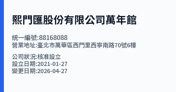 熙門匯股份有限公司萬年館的照片-統編 88168088(臺北市) 公司登記資料與營業項目詳細圖表